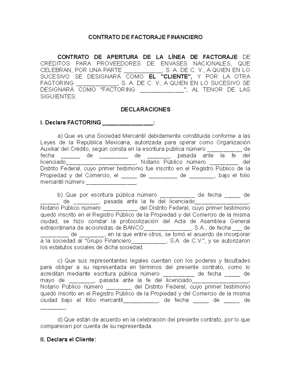 Contrato de Factoraje Financiero entre S.A. de C.V. y FACTORING S.A. de ...