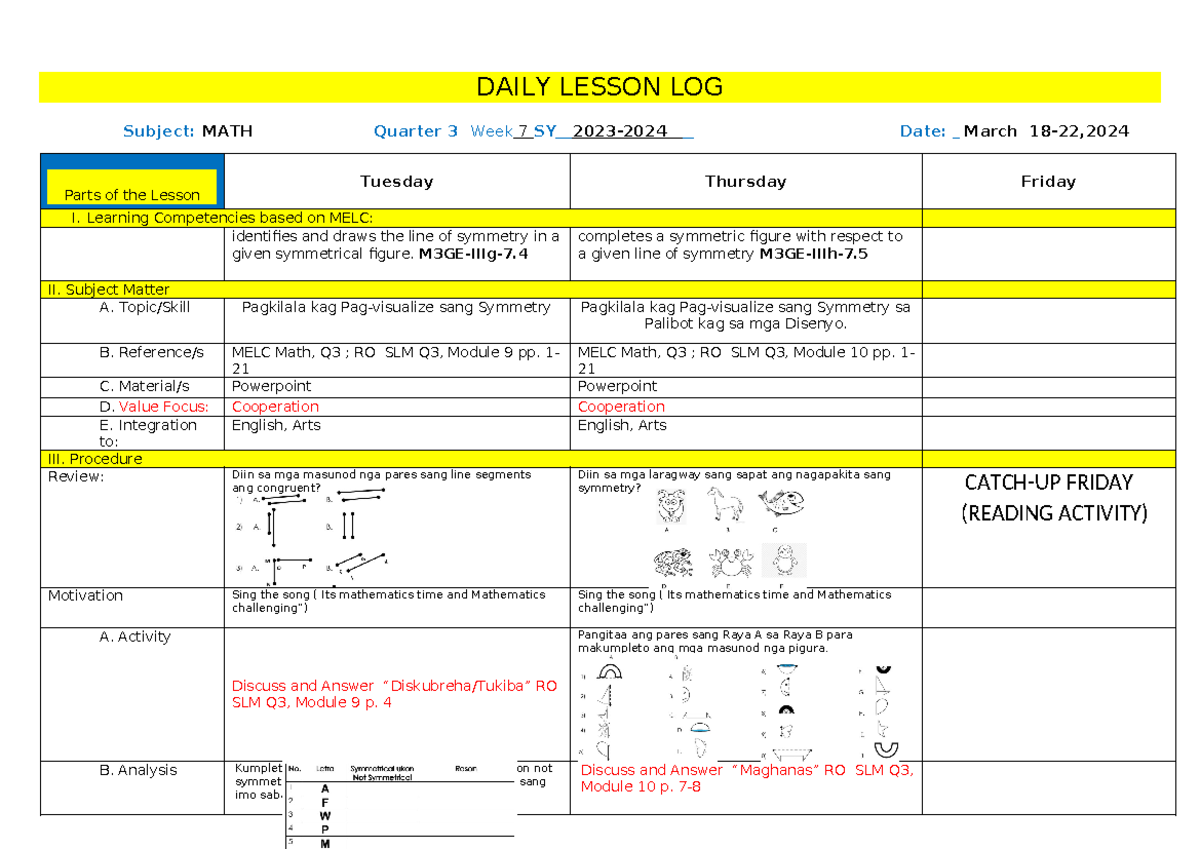 DLL MATH Q3 WEEK7 - LESSON LOG - DAILY LESSON LOG Subject: MATH Quarter ...