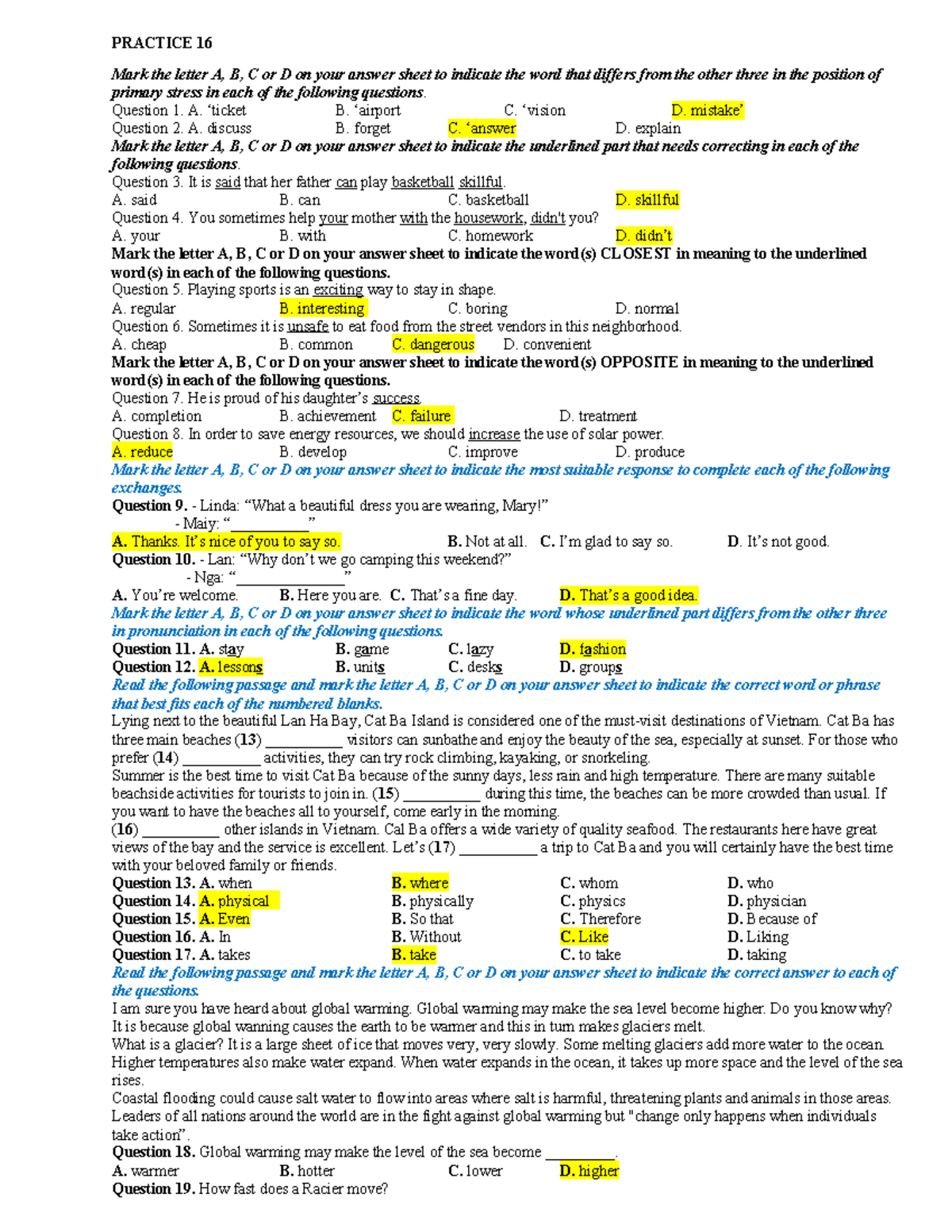 KEY Practice 16 - English Exercises for Grade 9 Entrance Exam - Studocu