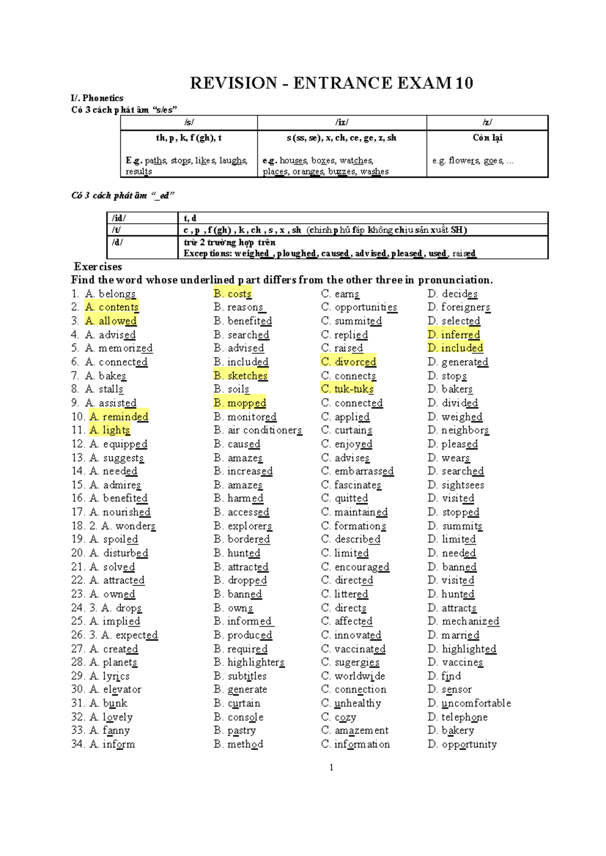 Phonetics Revision for Entrance Exam TS10: Pronunciation Patterns and ...