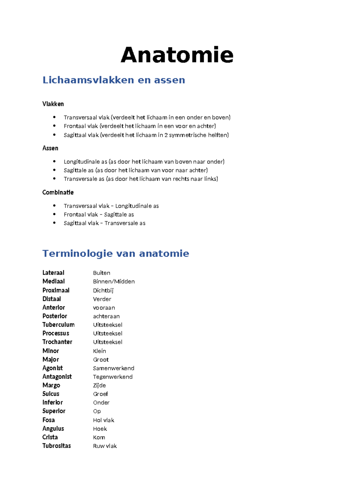 Anatomie Samenvatting: Lichaamsvlakken en Assen (Jan) - Studocu