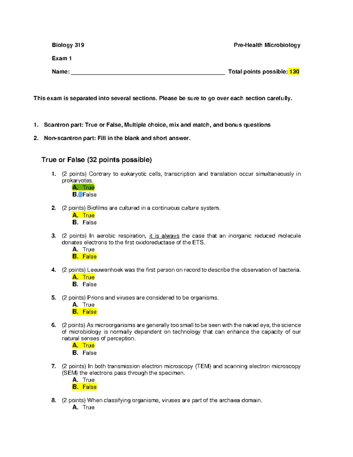 Biology 319 Microbiology Exam 1 Review and Answer Key - Studocu