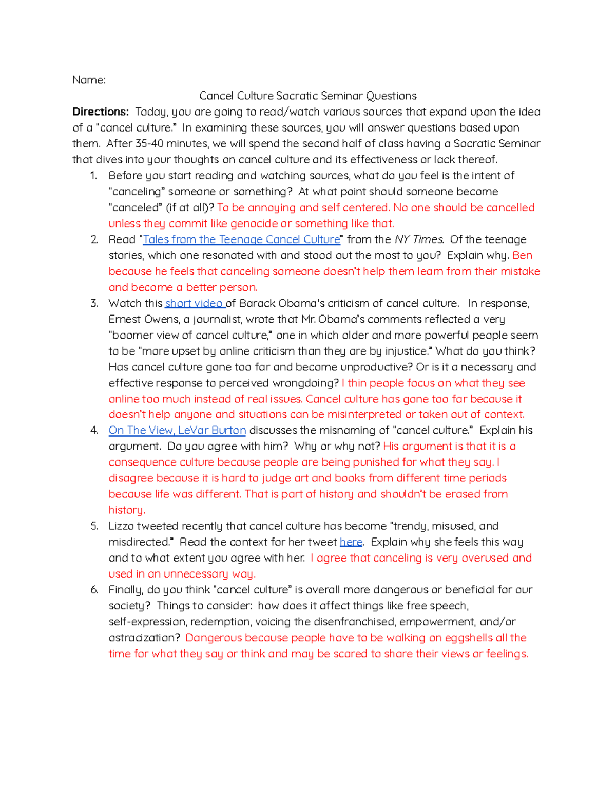 Cancel Culture: Socratic Seminar Qs for Engaged Discussion - Studocu