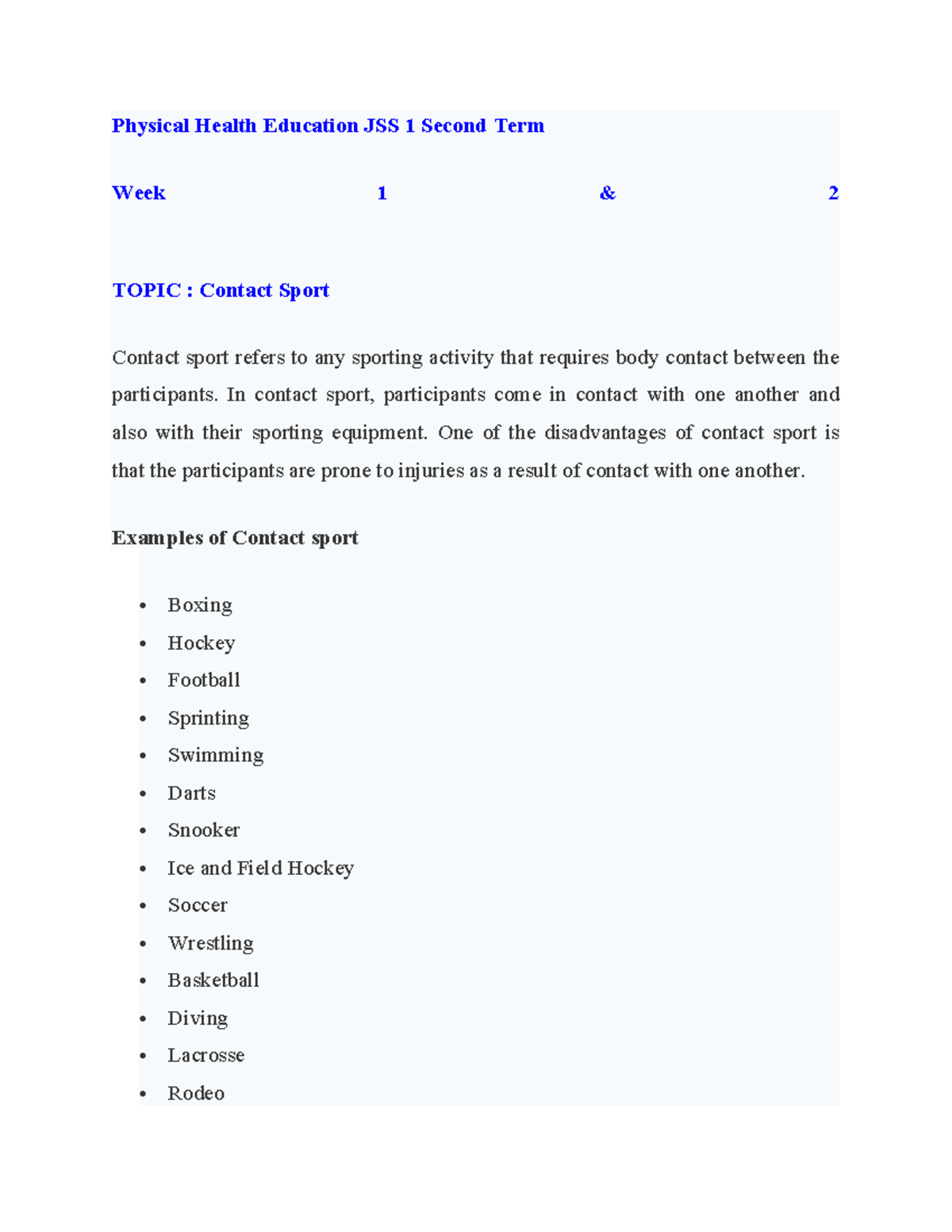 Physical Health Education JSS 1: Contact Sports & Skills Overview - Studocu