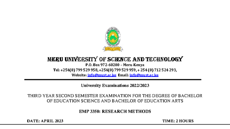 EMP 3350: Research Methods Exam - April 2023 - Studocu