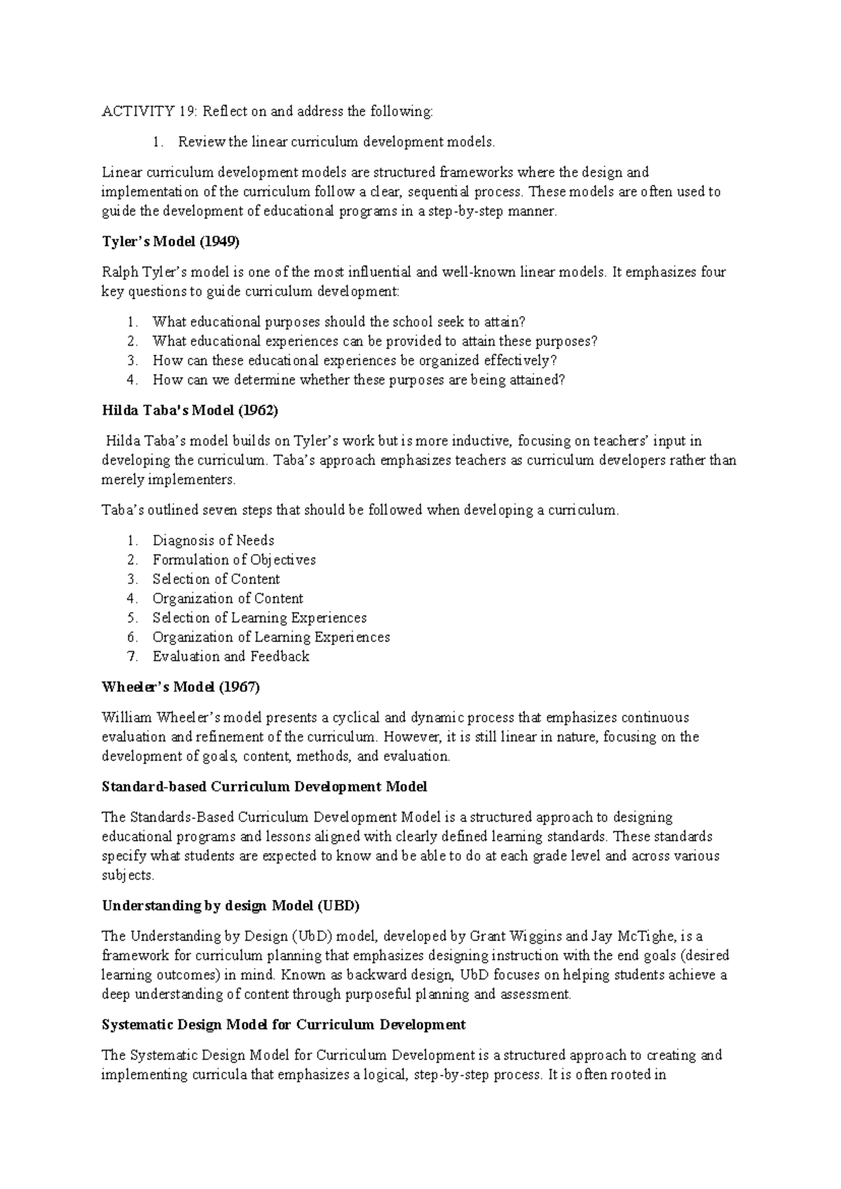 Activity 19: Analyzing Linear Curriculum Development Models and Their ...