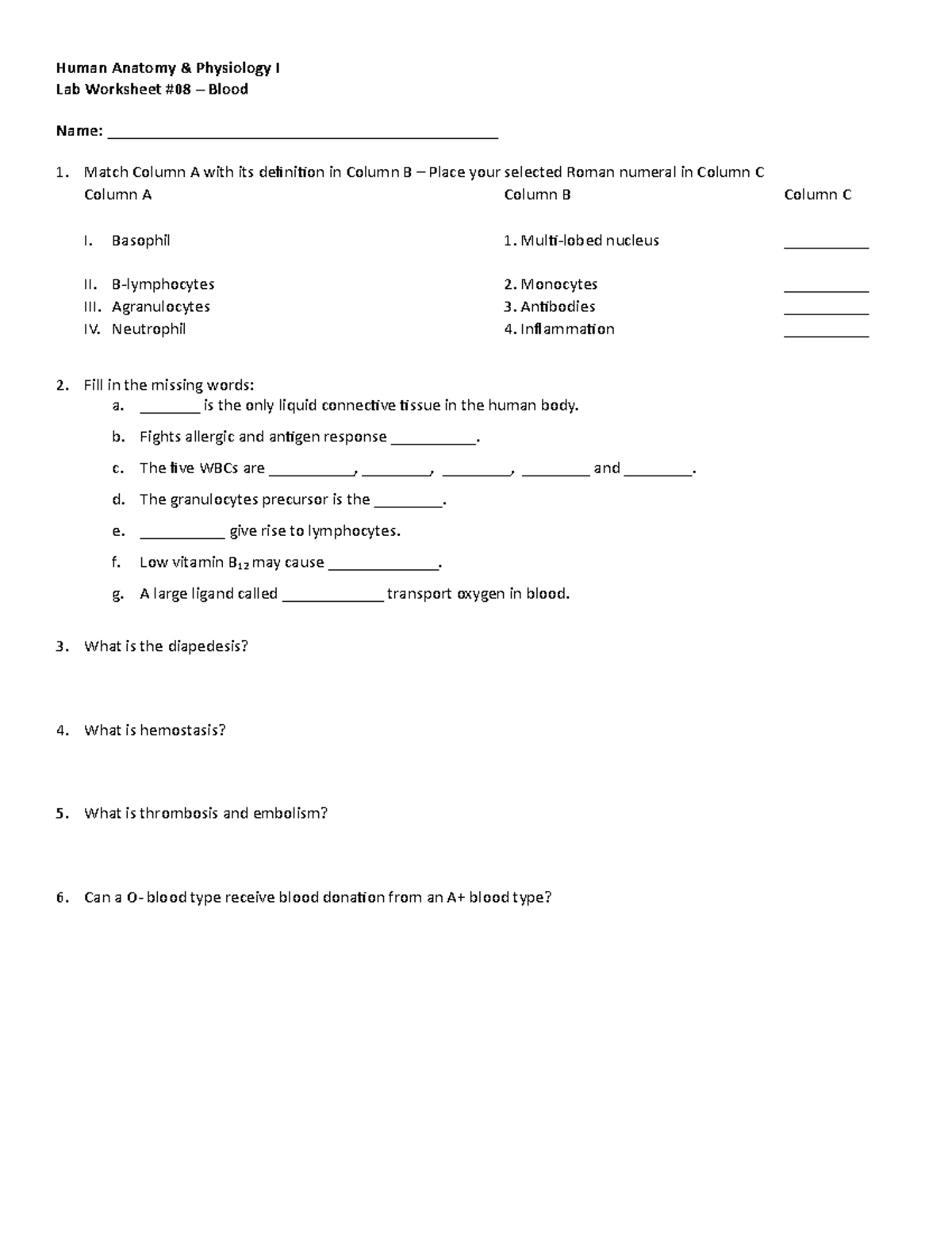 Lab Worksheet #08: Blood - Study Notes for A&P I - Studocu