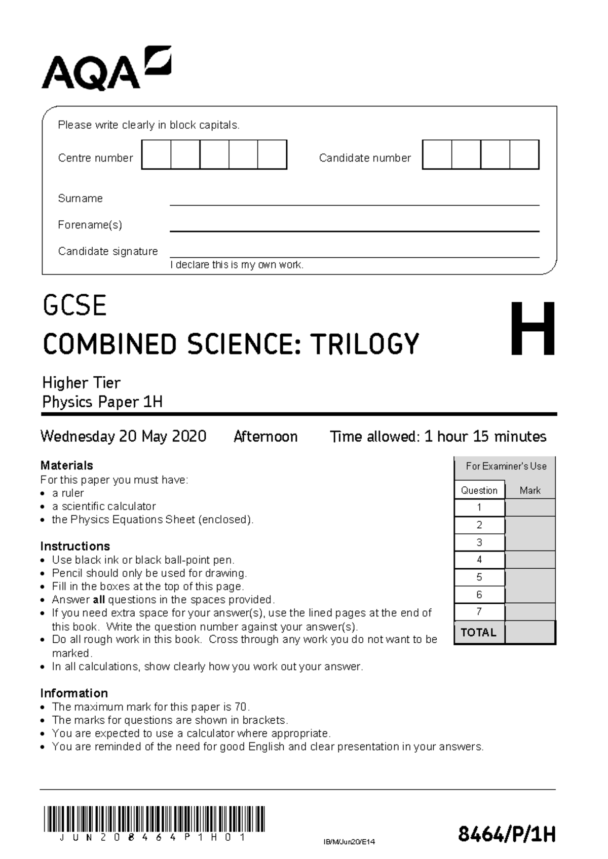 June 2020 AQA GCSE Combined Science: Trilogy Physics Paper 1H - Studocu