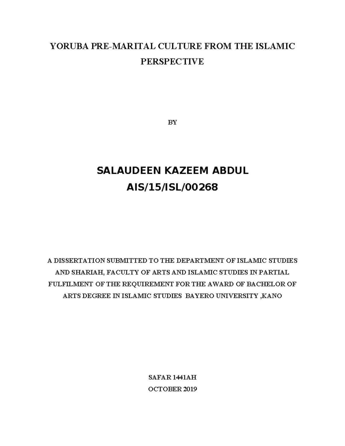 Salahu Complete project (edited) - YORUBA PRE-MARITAL CULTURE FROM THE ...