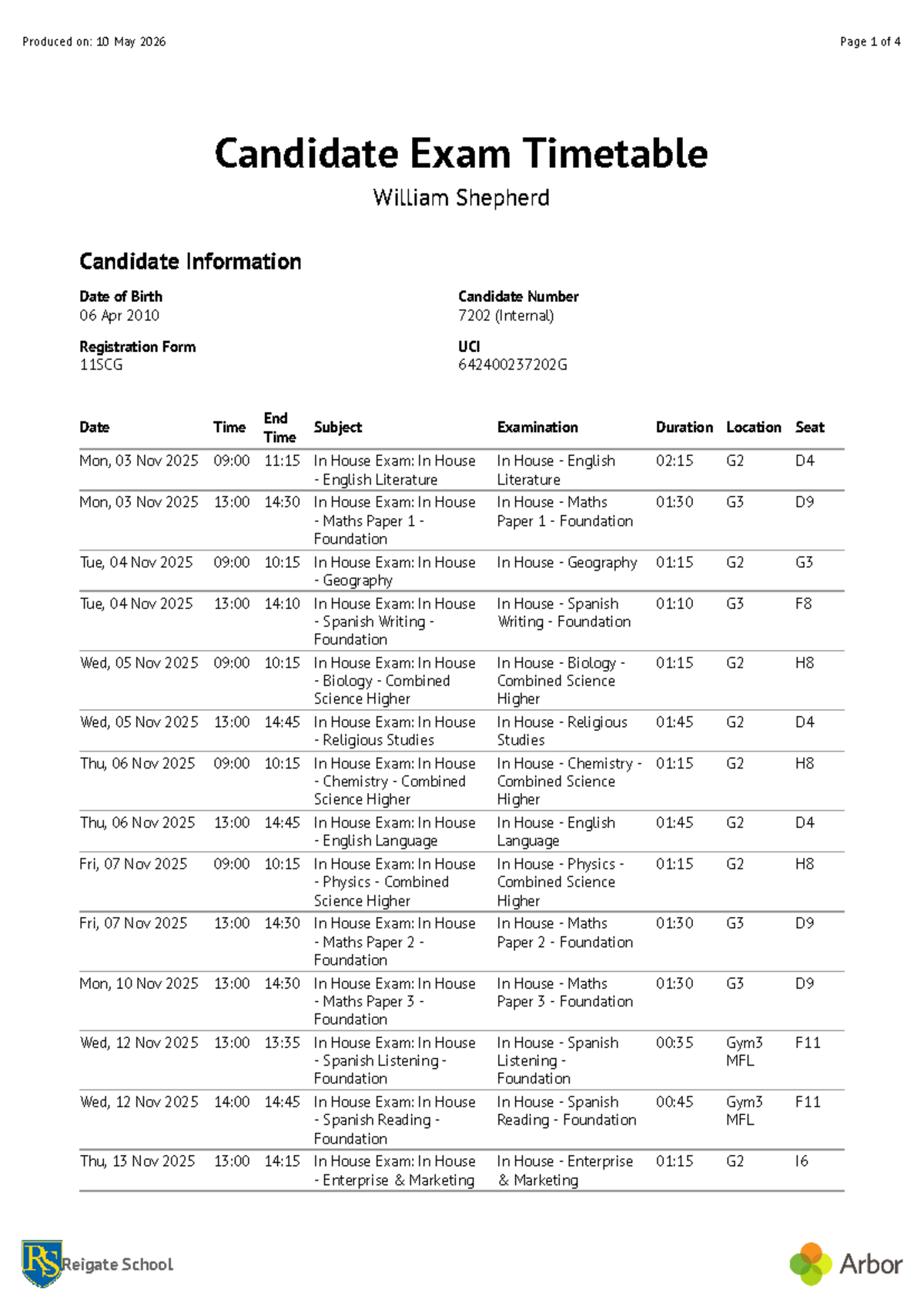 Exam Timetable for 11SCG - Candidate 7202 William Shepherd - Studocu