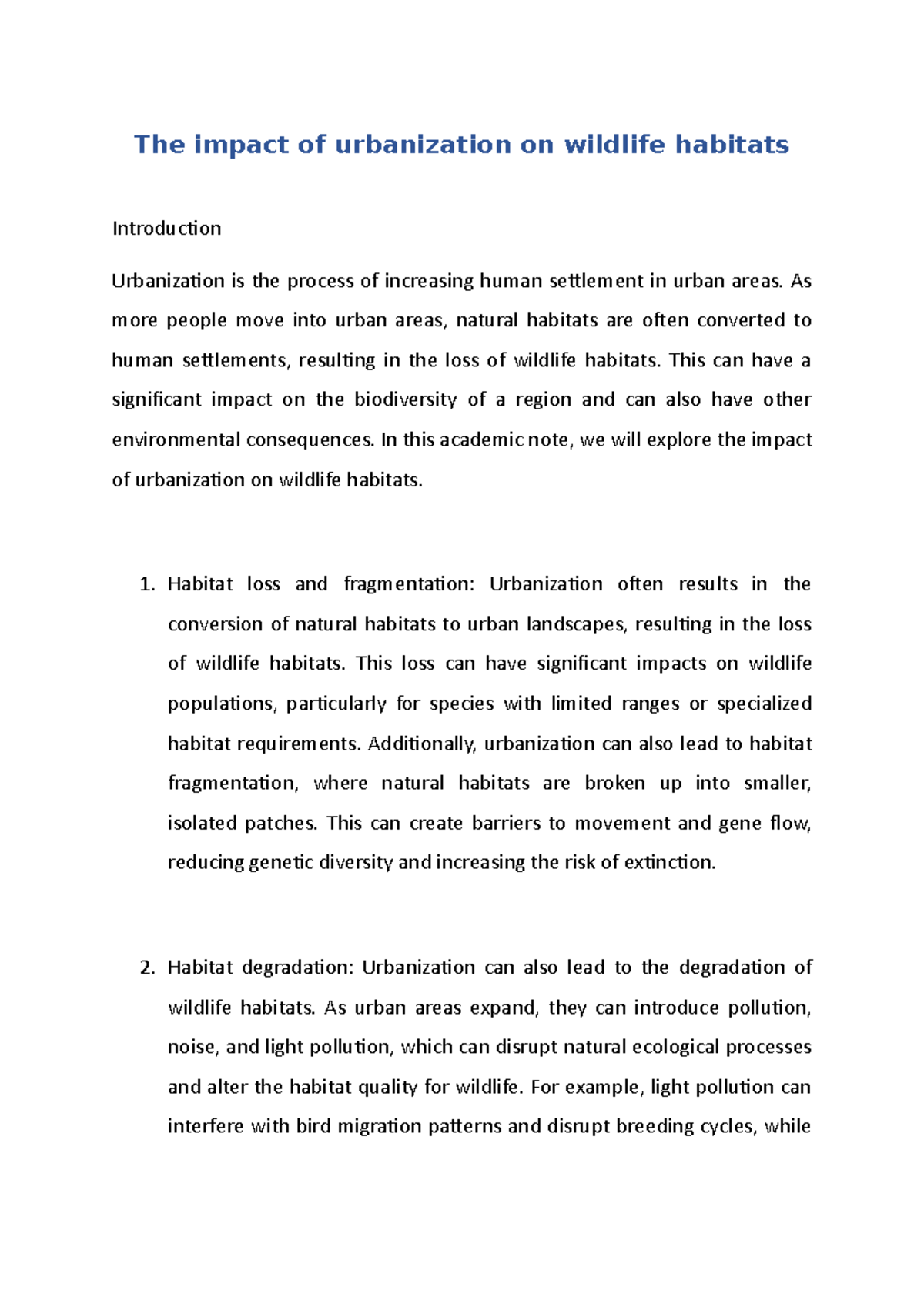 Urbanization's Impact on Wildlife Habitats: An In-Depth Analysis - Studocu