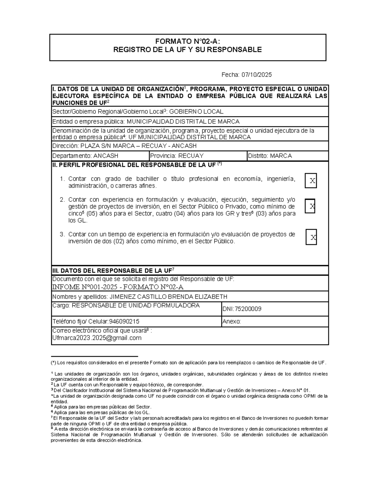 Formato de Registro de la UF y Responsable - Directiva 001 2019 EF6301 ...