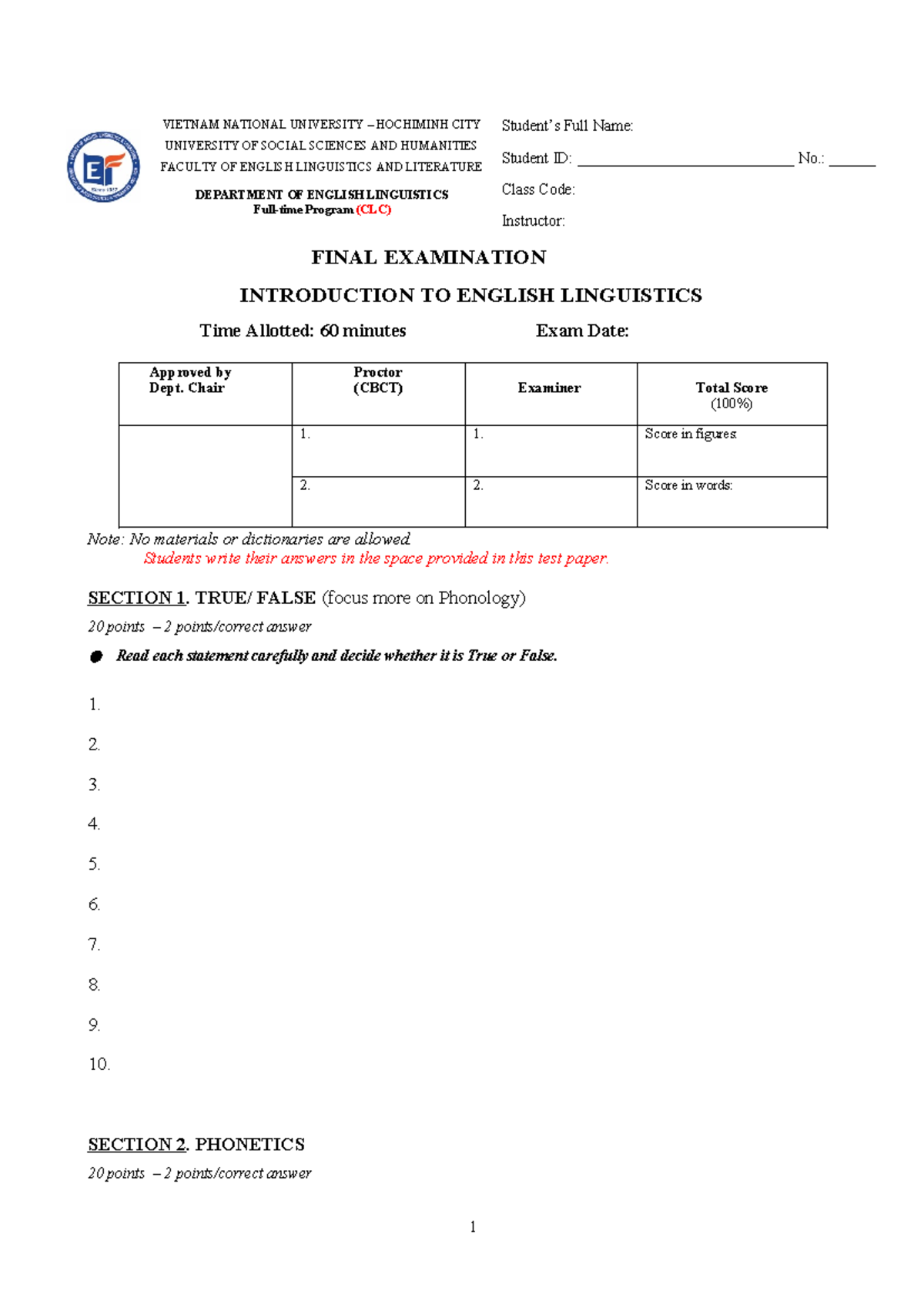FINAL EXAM FORMAT (Intro to English Ling - 60 mins) - Studocu