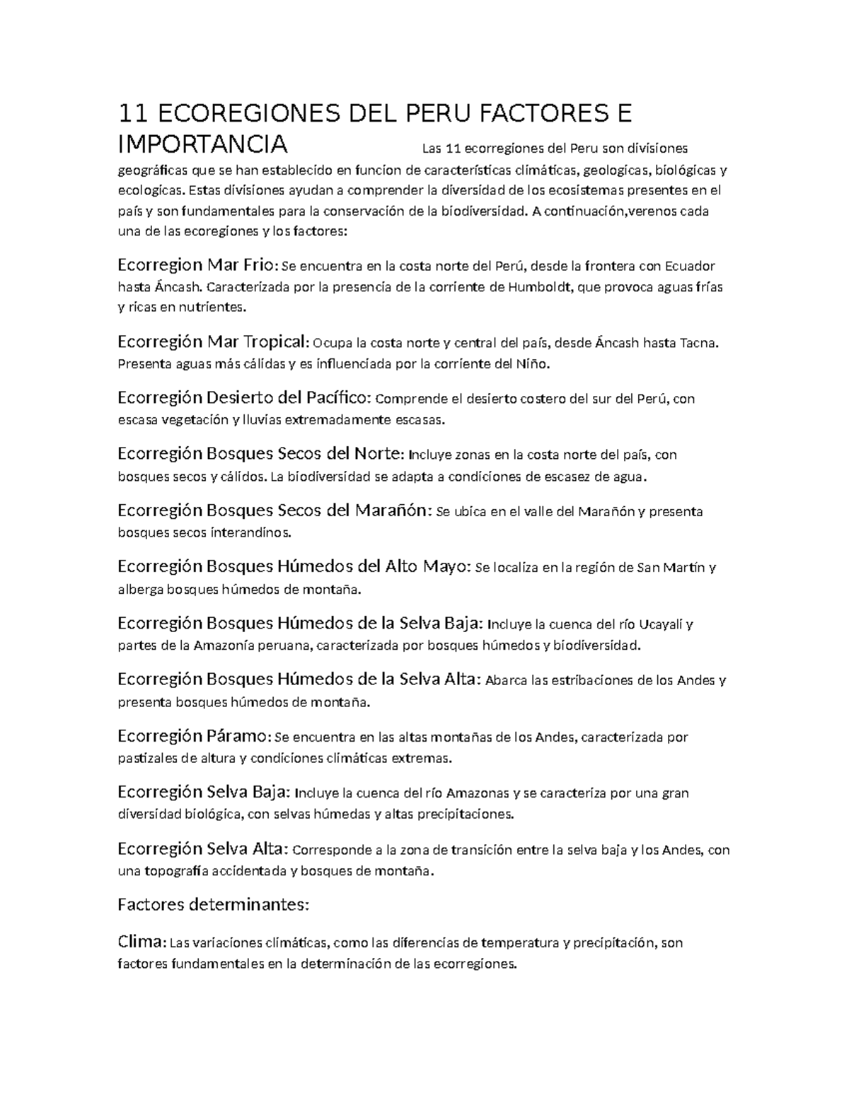 11 Ecoregiones del Perú: Factores y su Importancia - Studocu