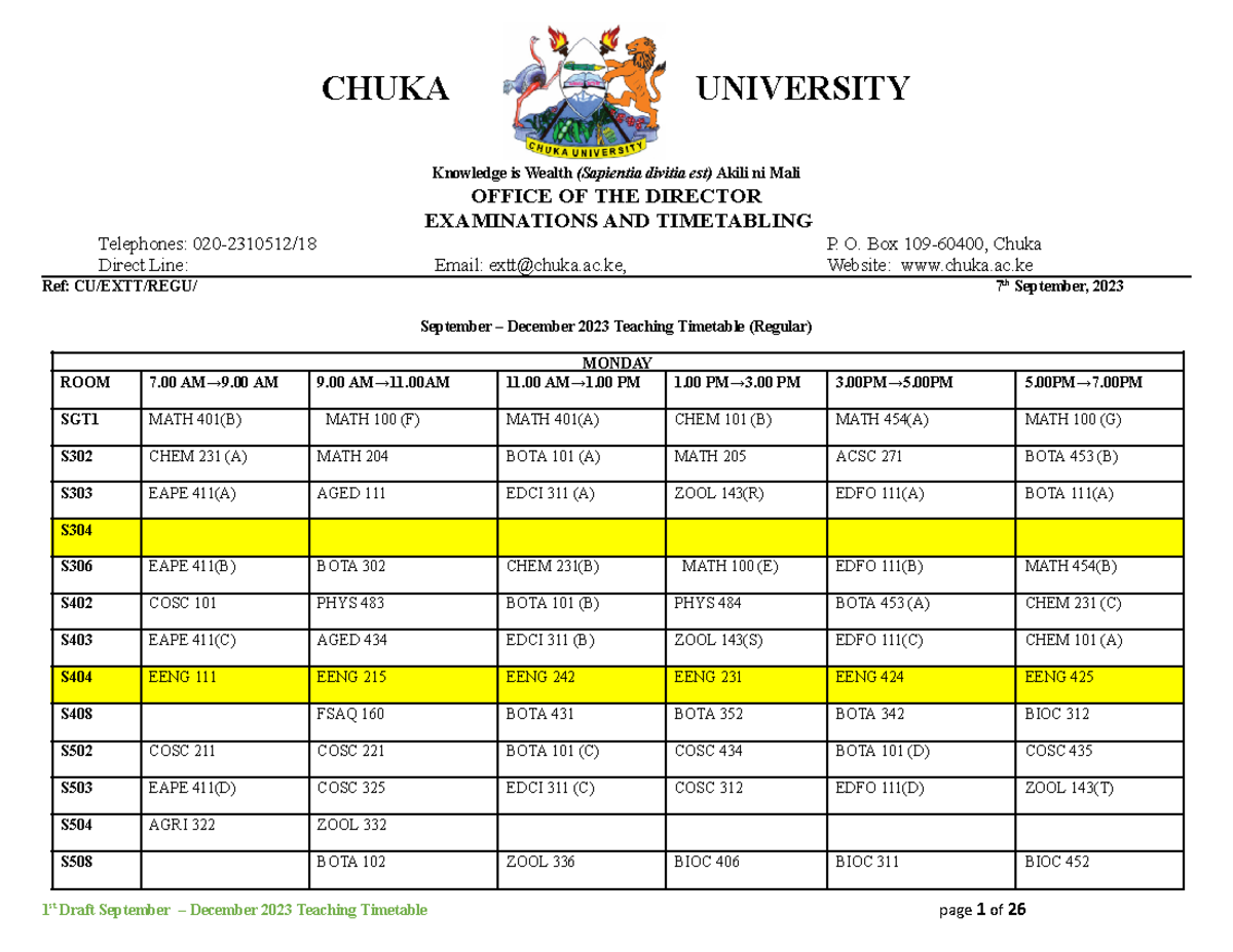 September-December 2023 Regular Teaching Timetable (CU) - Studocu