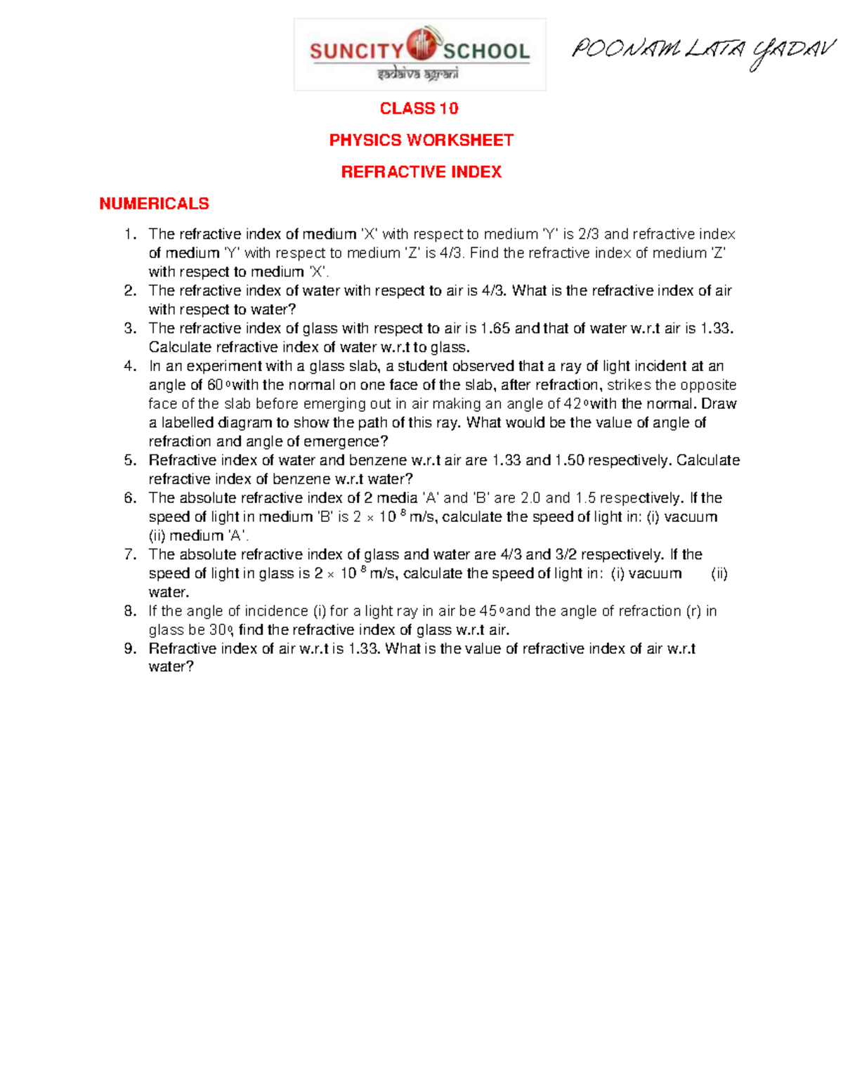 Class 10 Physics Worksheet: Numericals on Refractive Index - Studocu