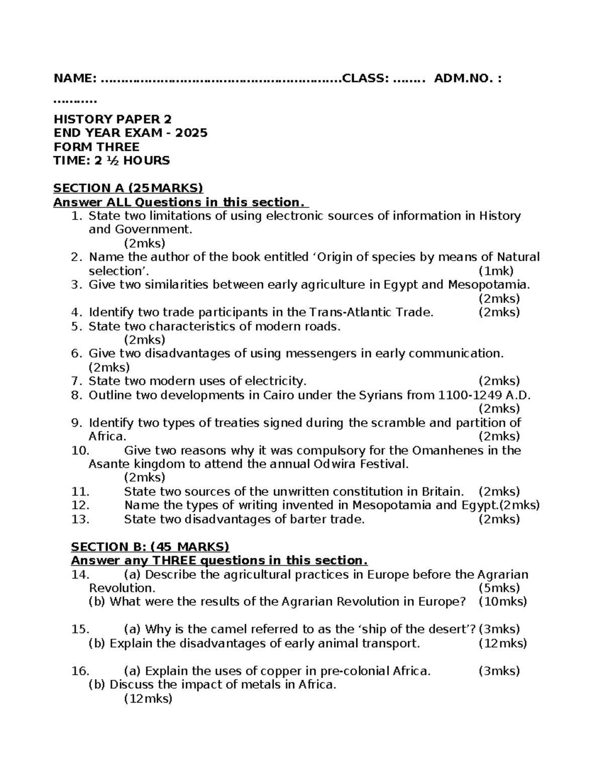 2025 - History Paper 2 End Year Exam Form Three Questions - Studocu