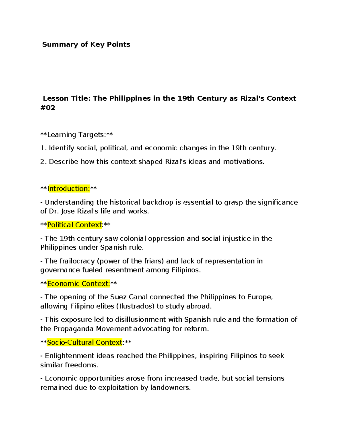 Summary of Key Points: The Philippines in the 19th Century (Lesson ...
