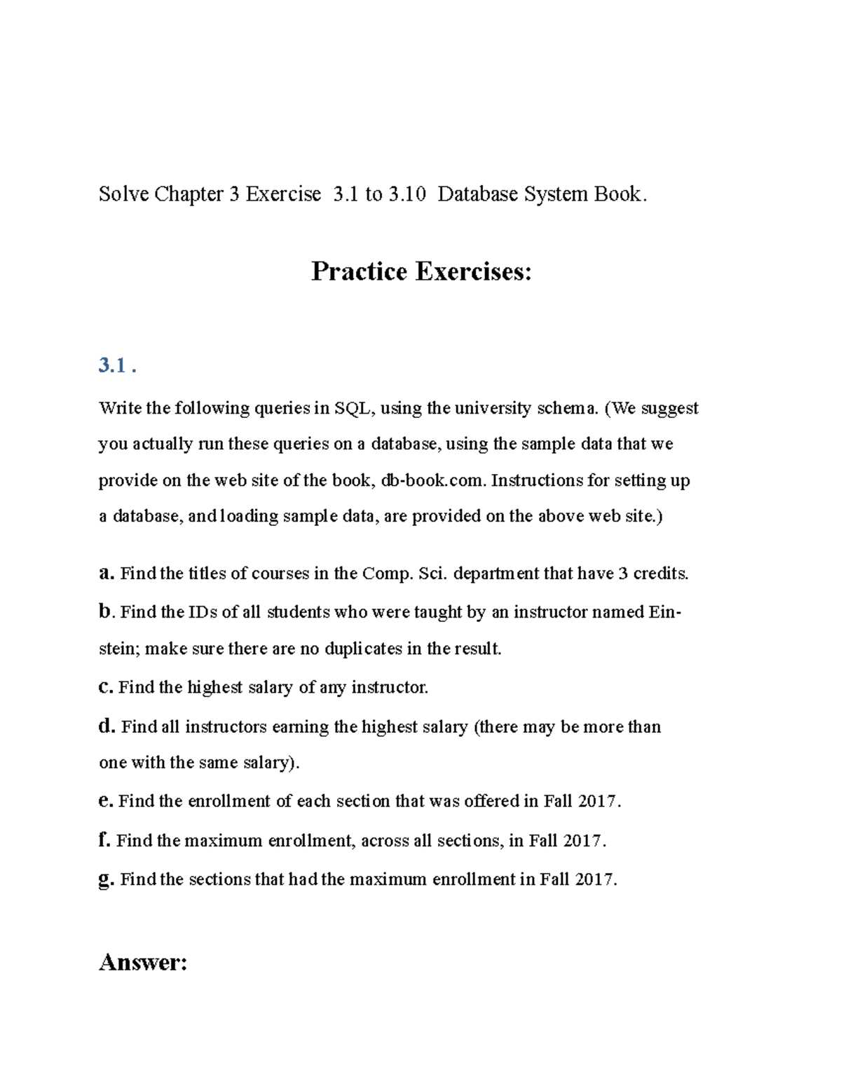 Lab work 03 - Database lab - Solve Chapter 3 Exercise 3 to 3 Database System Book. Practice ...