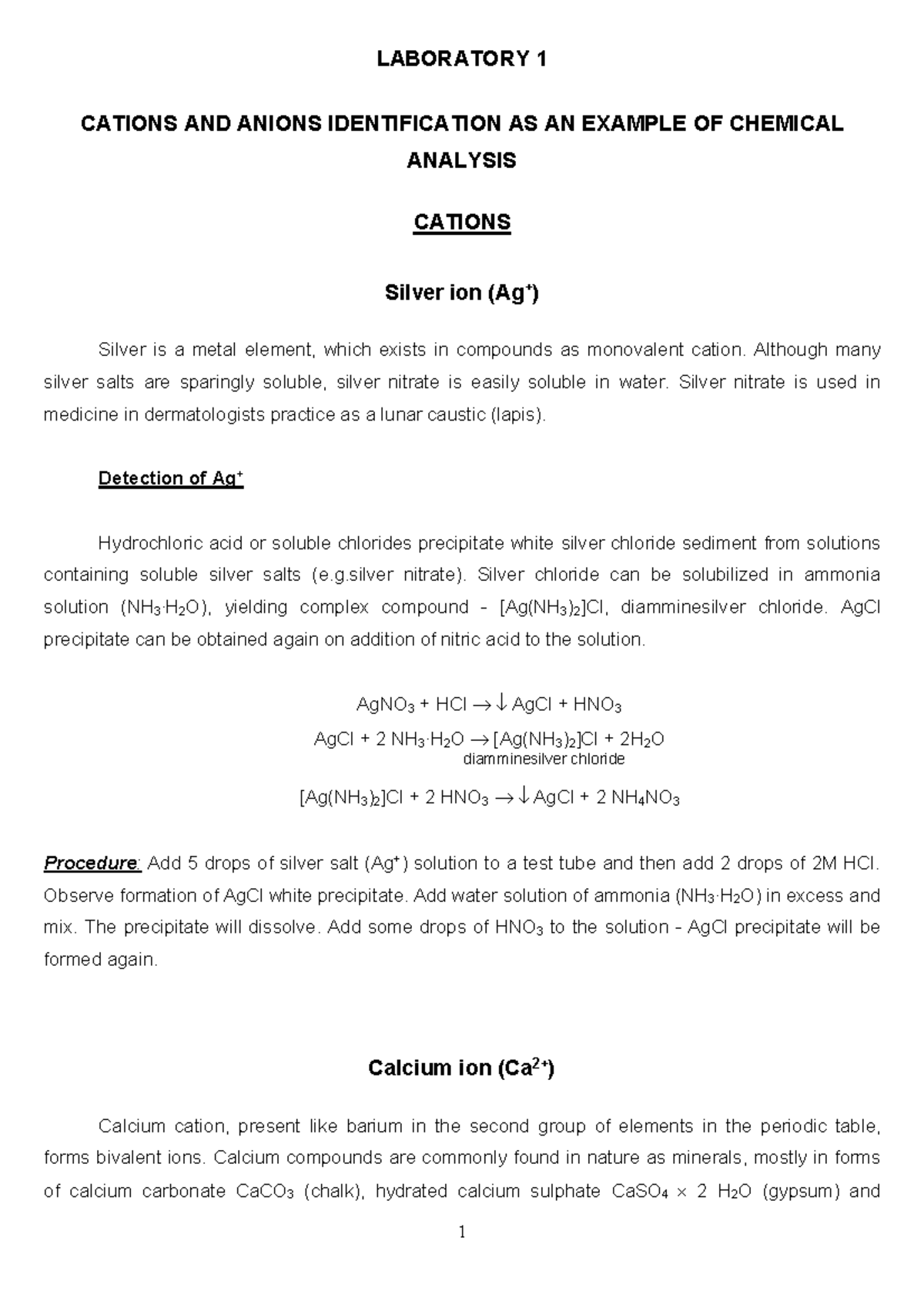 LAB 1: CATIONS AND ANIONS IDENTIFICATION IN CHEMICAL ANALYSIS - Studocu