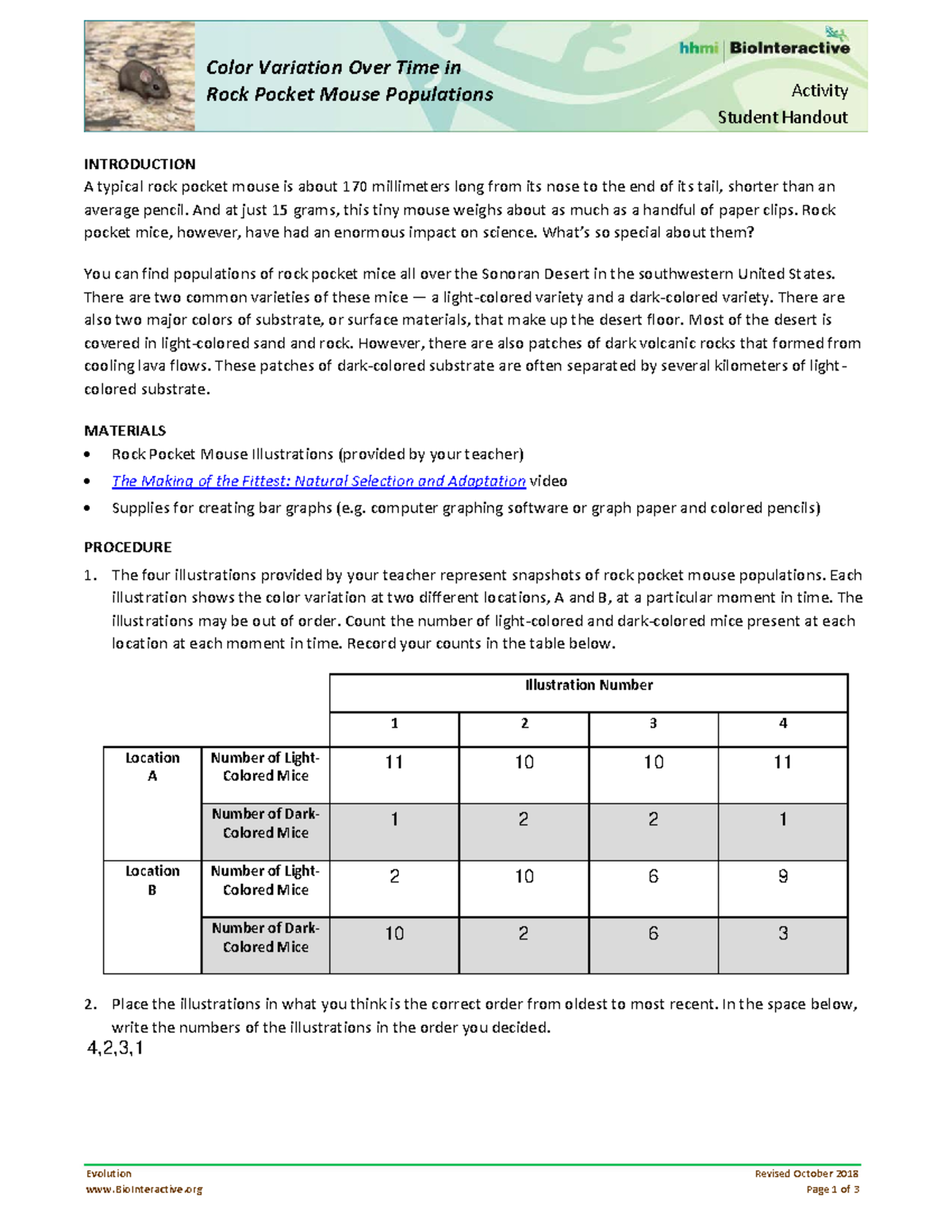 Rock Pocket Mouse Variation Activity - Student Handout (Evol101) - Studocu