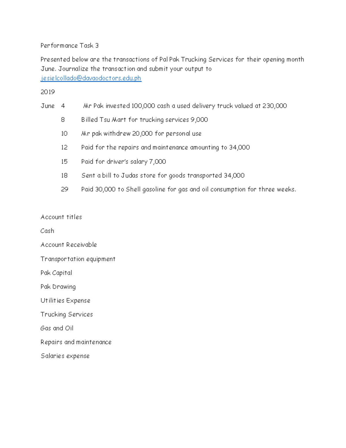 Performance Task - Sample Activity - Performance Task 3 Presented below ...