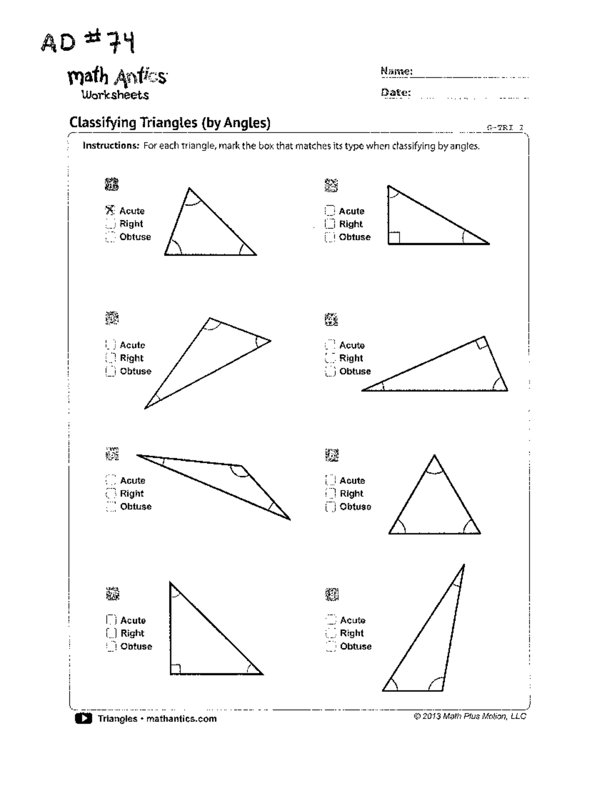 AD74 Math Worksheets: Classifying Triangles & Finding Angles - Studocu