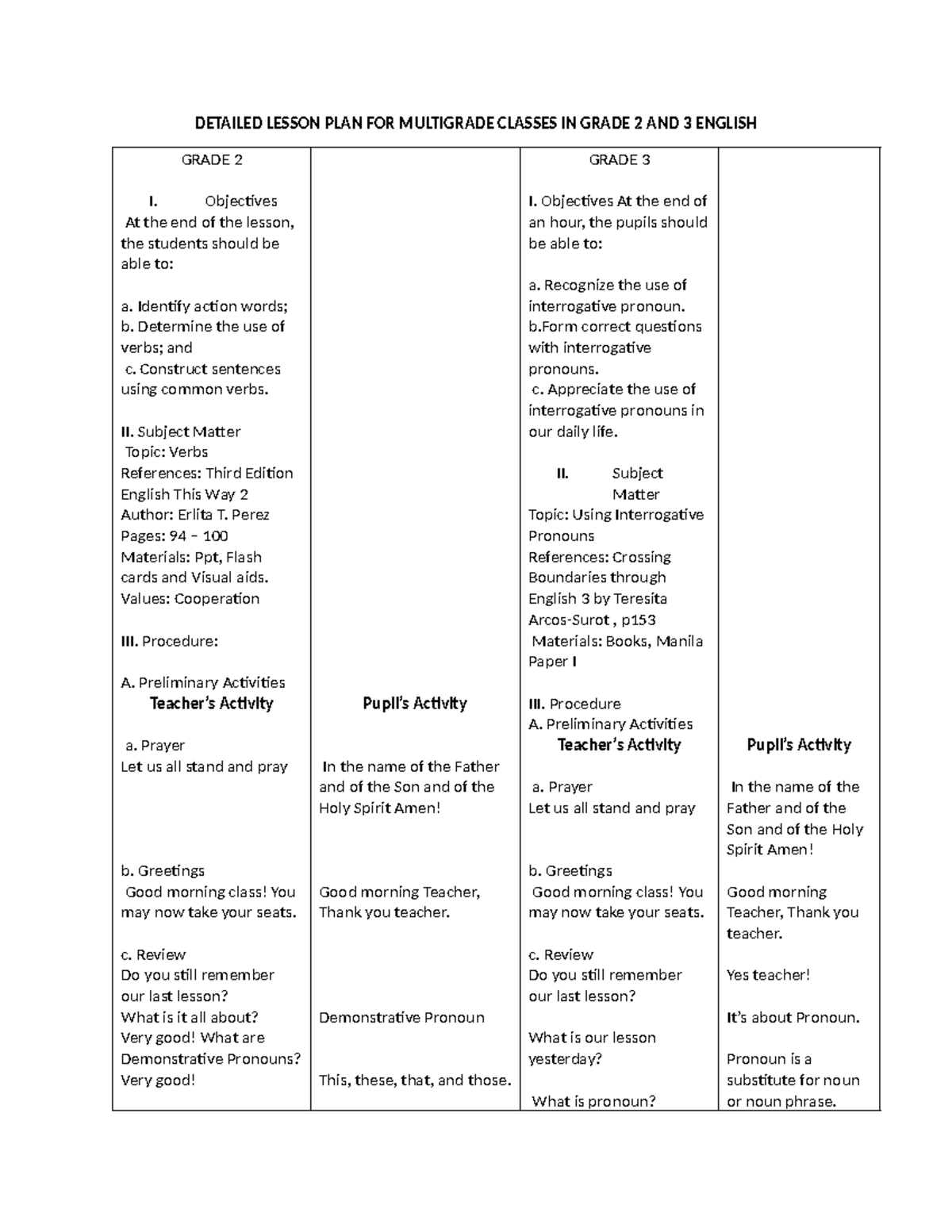 Detailed Lesson PLAN FOR Multigrade Classes IN Grade 2 AND 3 English ...
