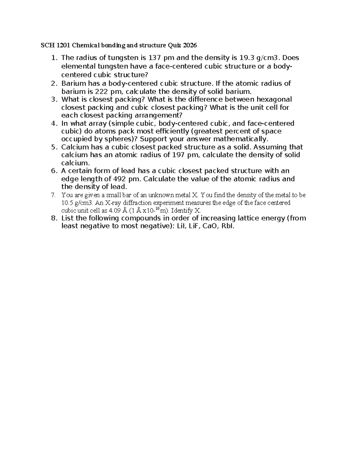 SCH 1201 Chemical Bonding & Structure Quiz 2026: Key Concepts ...