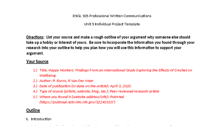 ENGL 105 Unit 3 IP Template: Argument for Crocheting Benefits - Studocu