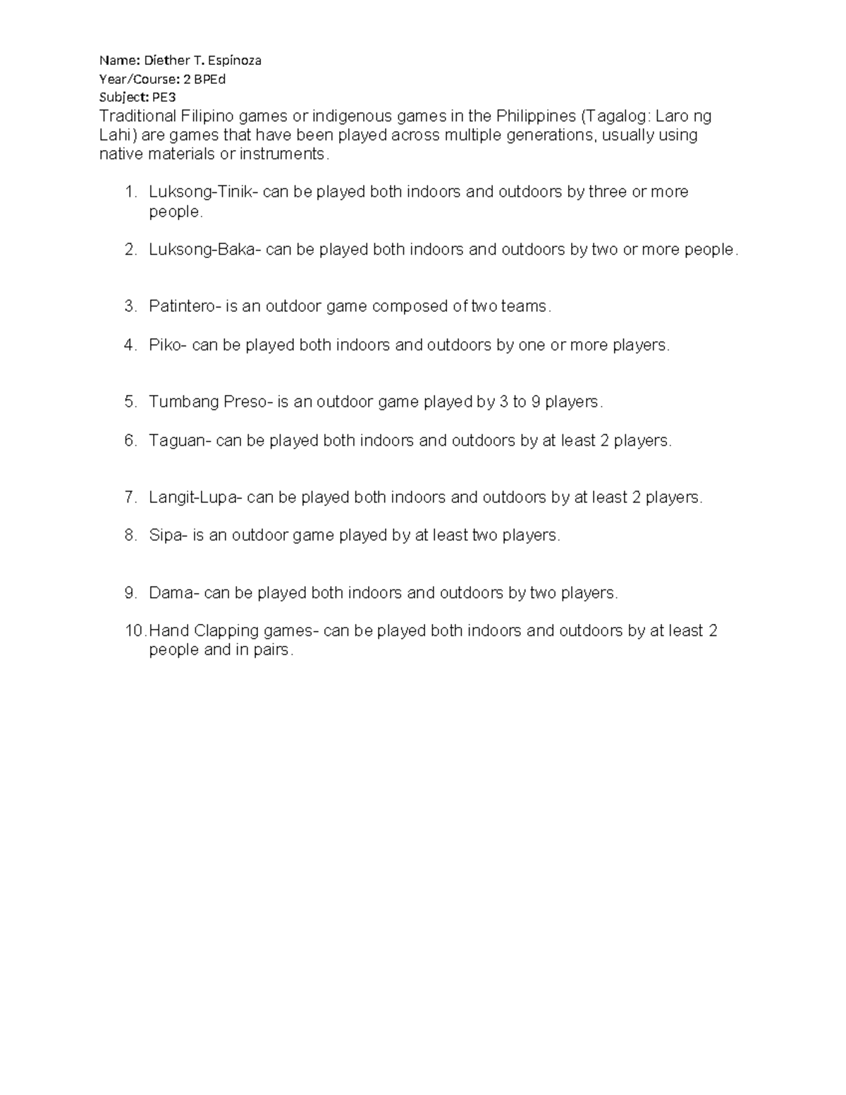PE3 Assignment: Traditional Filipino Games Overview - Studocu