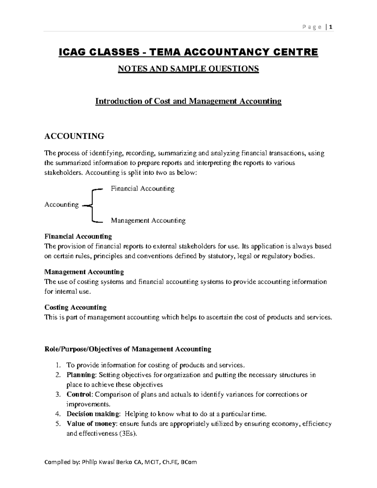 Notes & Sample Questions on Cost & Management Accounting - ICAG - Studocu