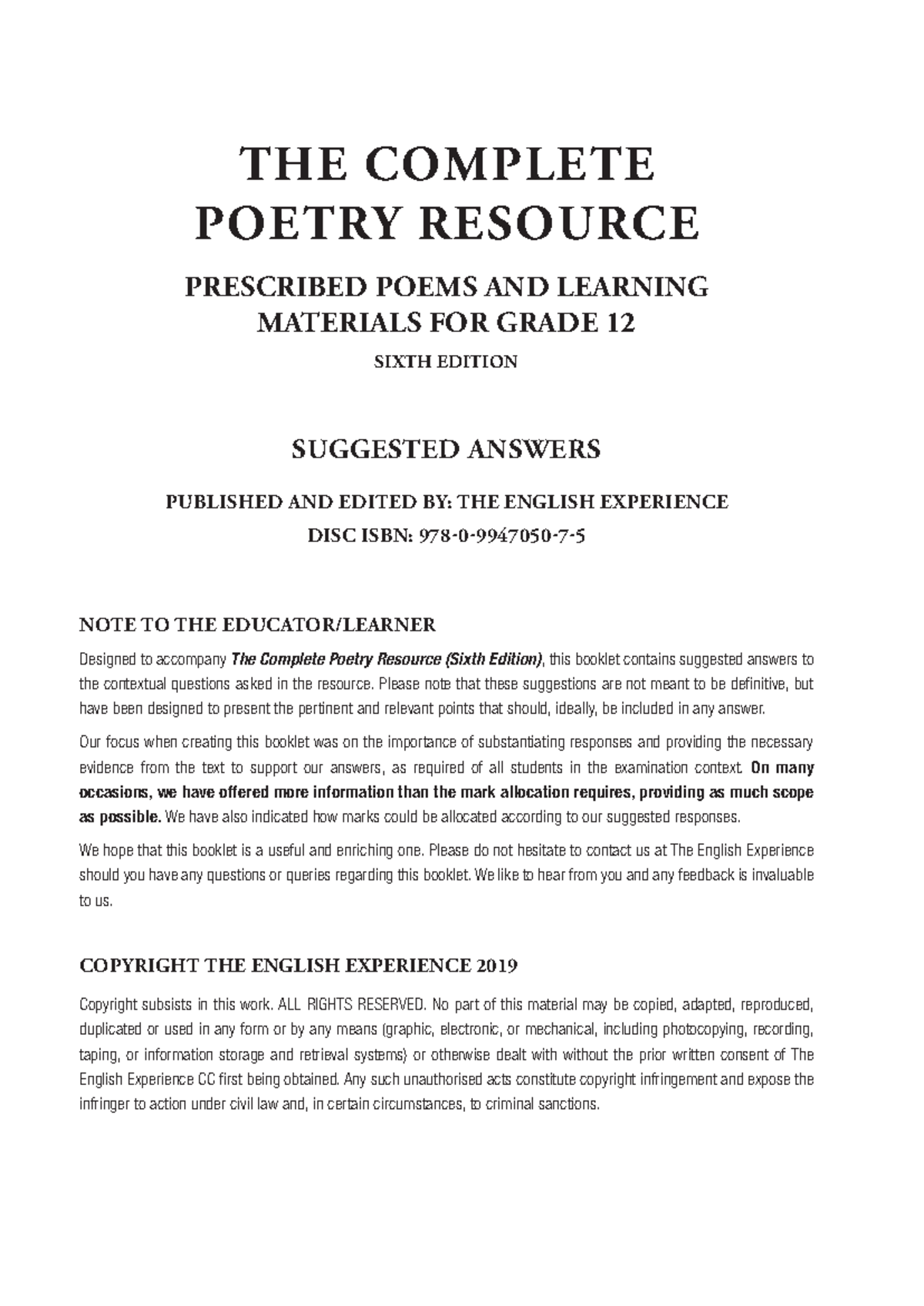 IEB Grade 12 Poetry Resources: Suggested Answers and Contextual ...