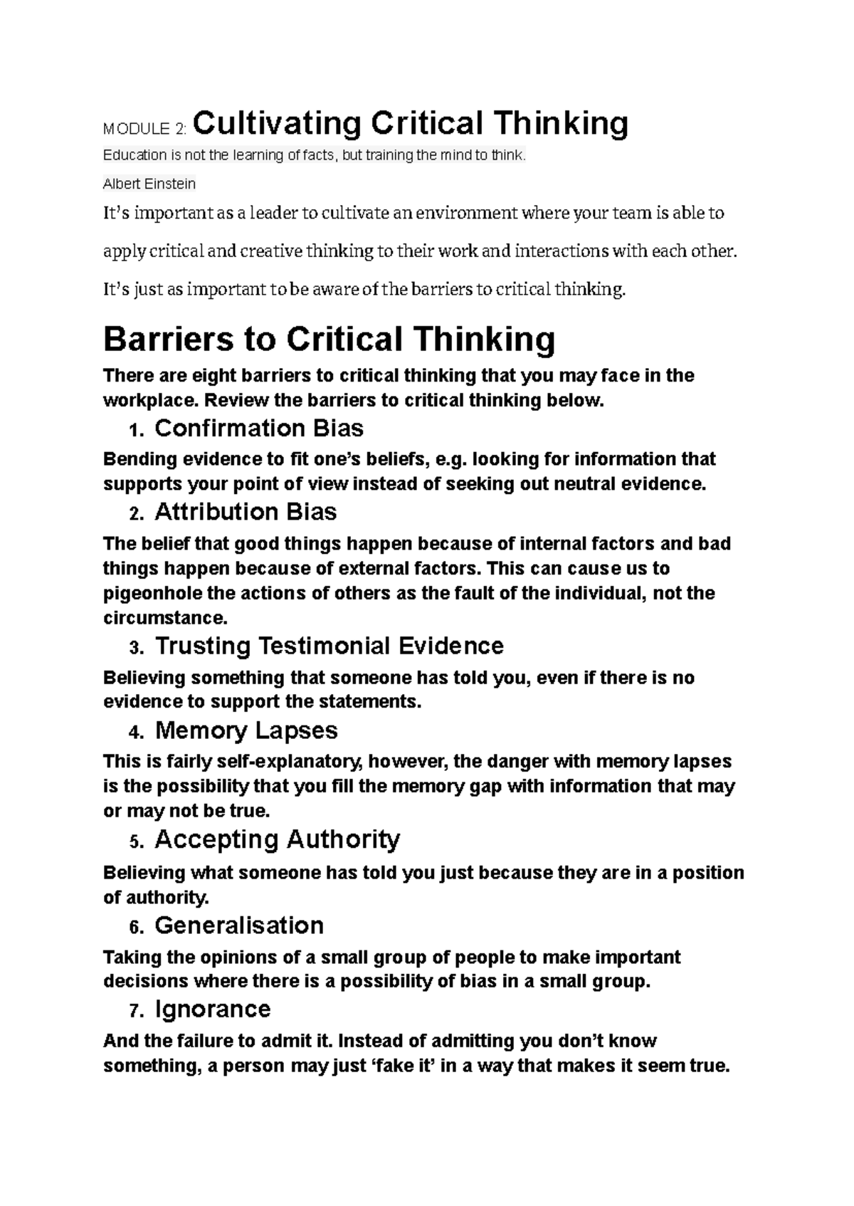 Module 2: Enhancing Critical Thinking Skills in Leadership - Studocu