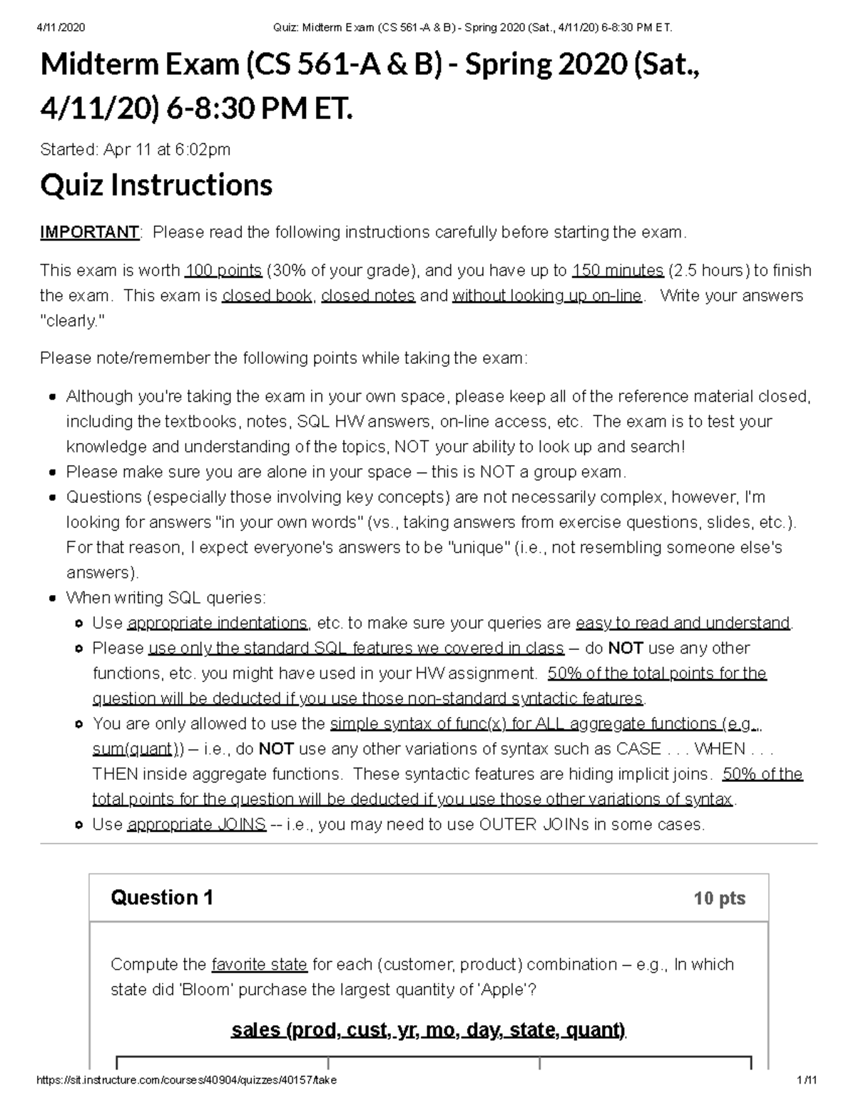 Midterm Exam Quiz CS 561 A & B Spring 2020 - Instructions & Questions ...