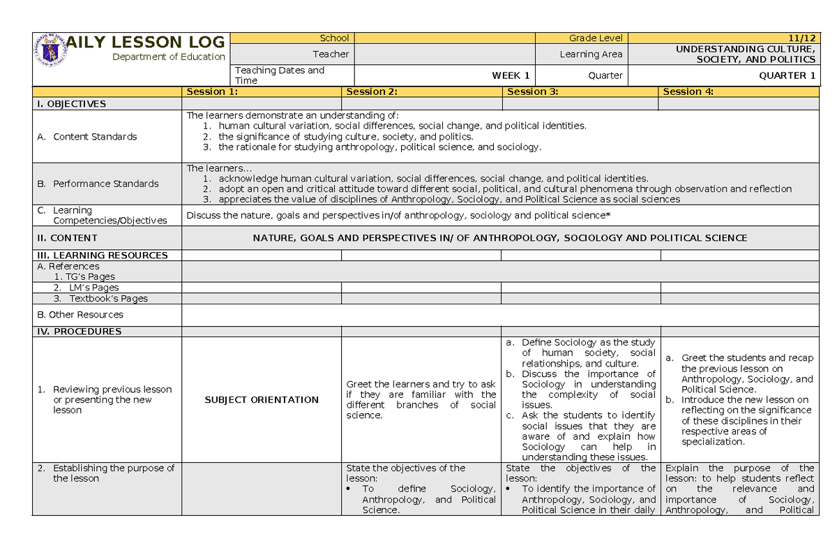 UCSP Q1 WEEK 1 & 2 - Daily Lesson Log on Culture, Society, and Politics ...