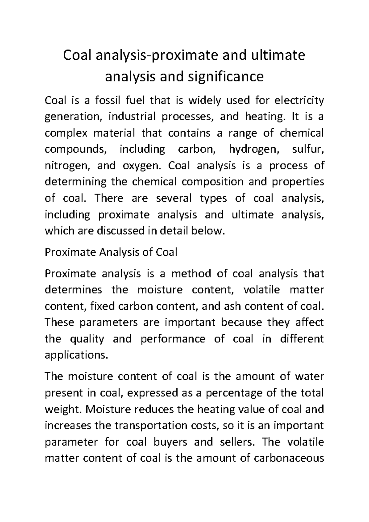 Coal Analysis: Proximate and Ultimate Methods Explained - Studocu