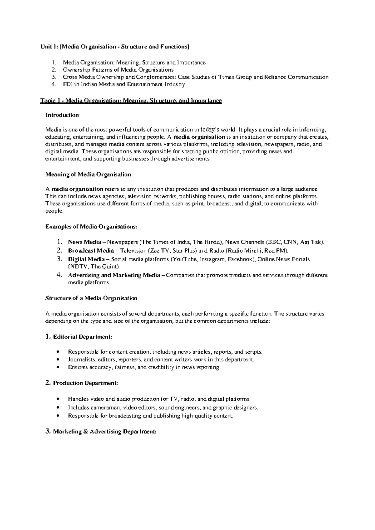 Unit I: Media Organisation Structure and Ownership Patterns Analysis ...