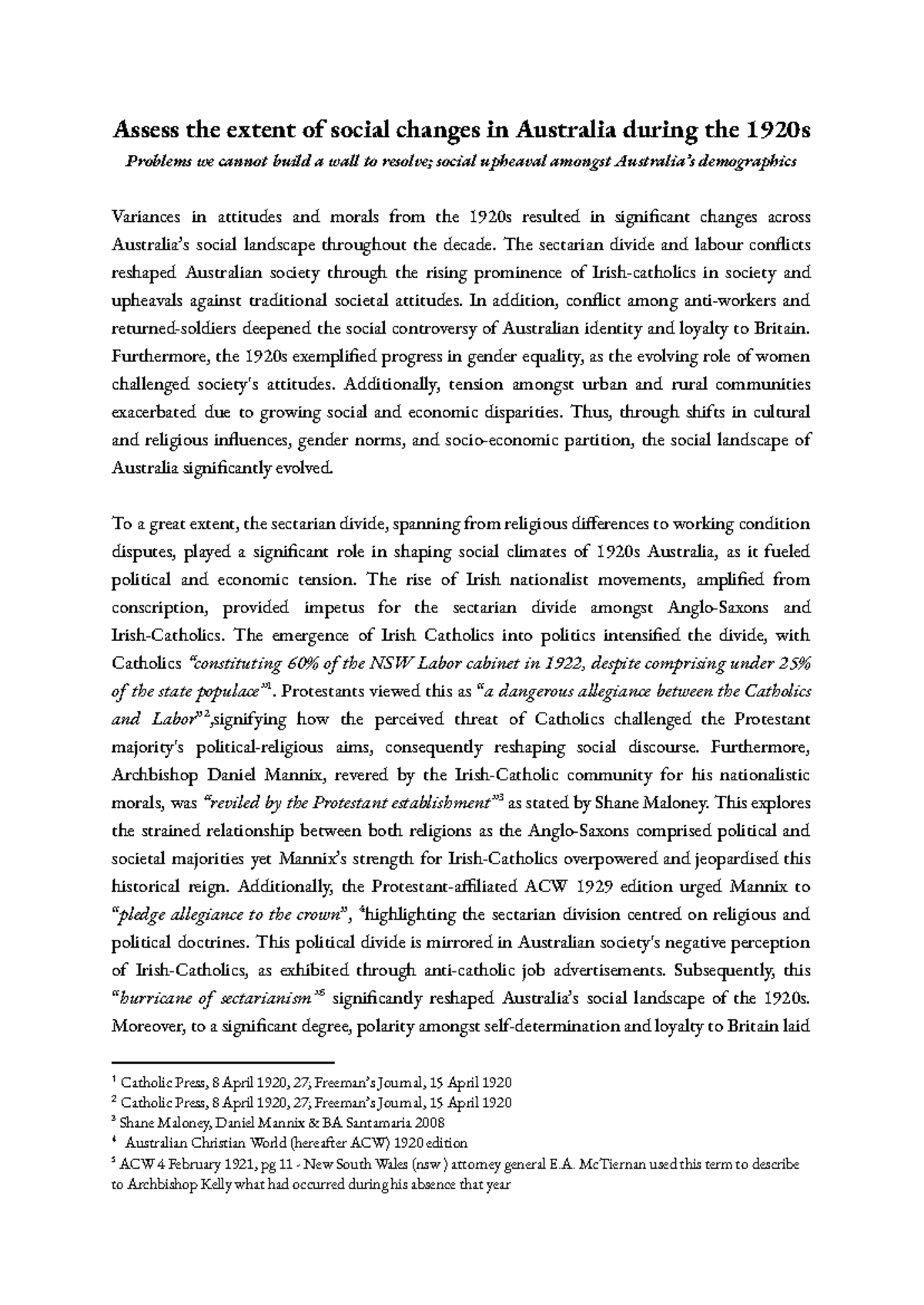 Social Changes in 1920s Australia - National Study Essay (HIST 1229 ...