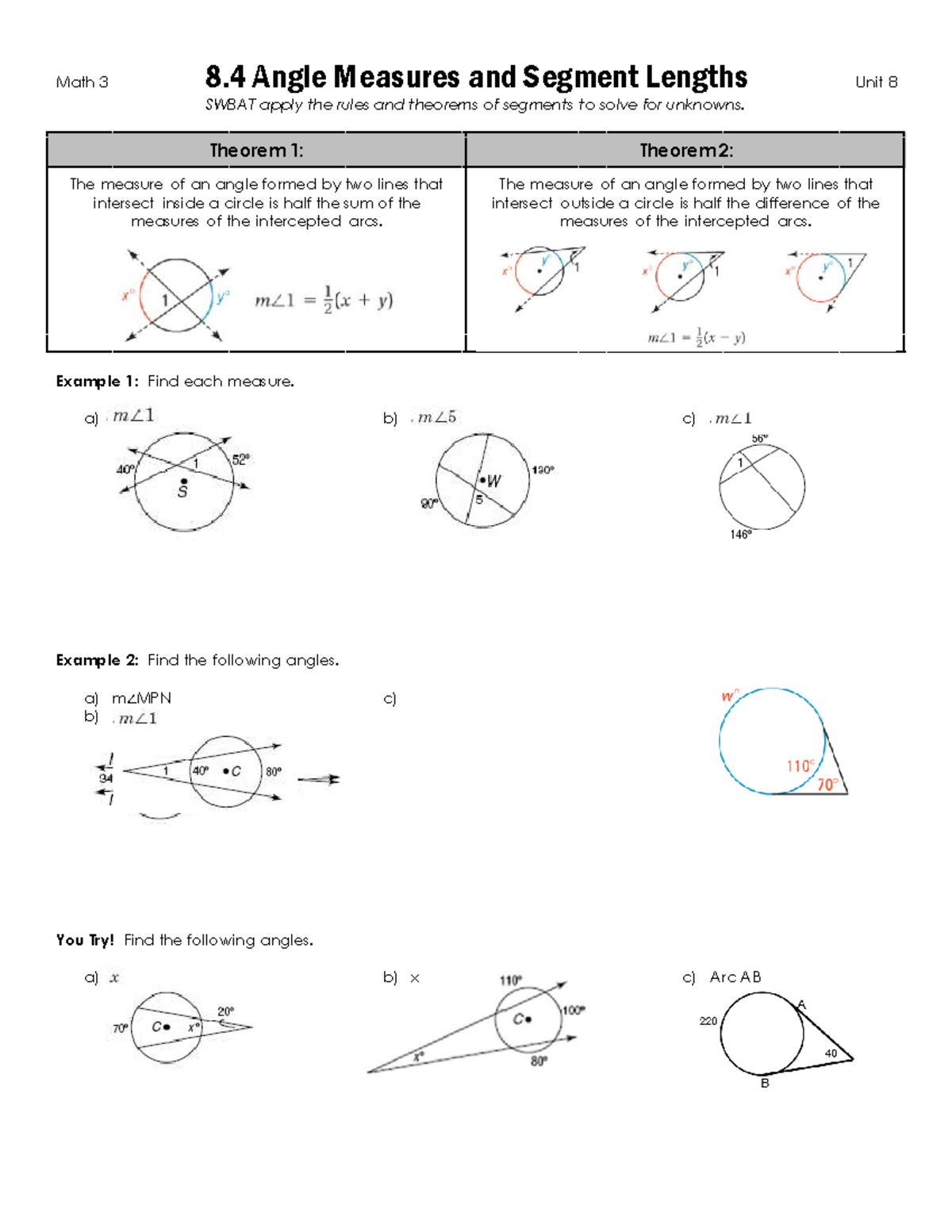 Math 3 Unit 8: Angle Measures & Segment Lengths Theorems - Studocu