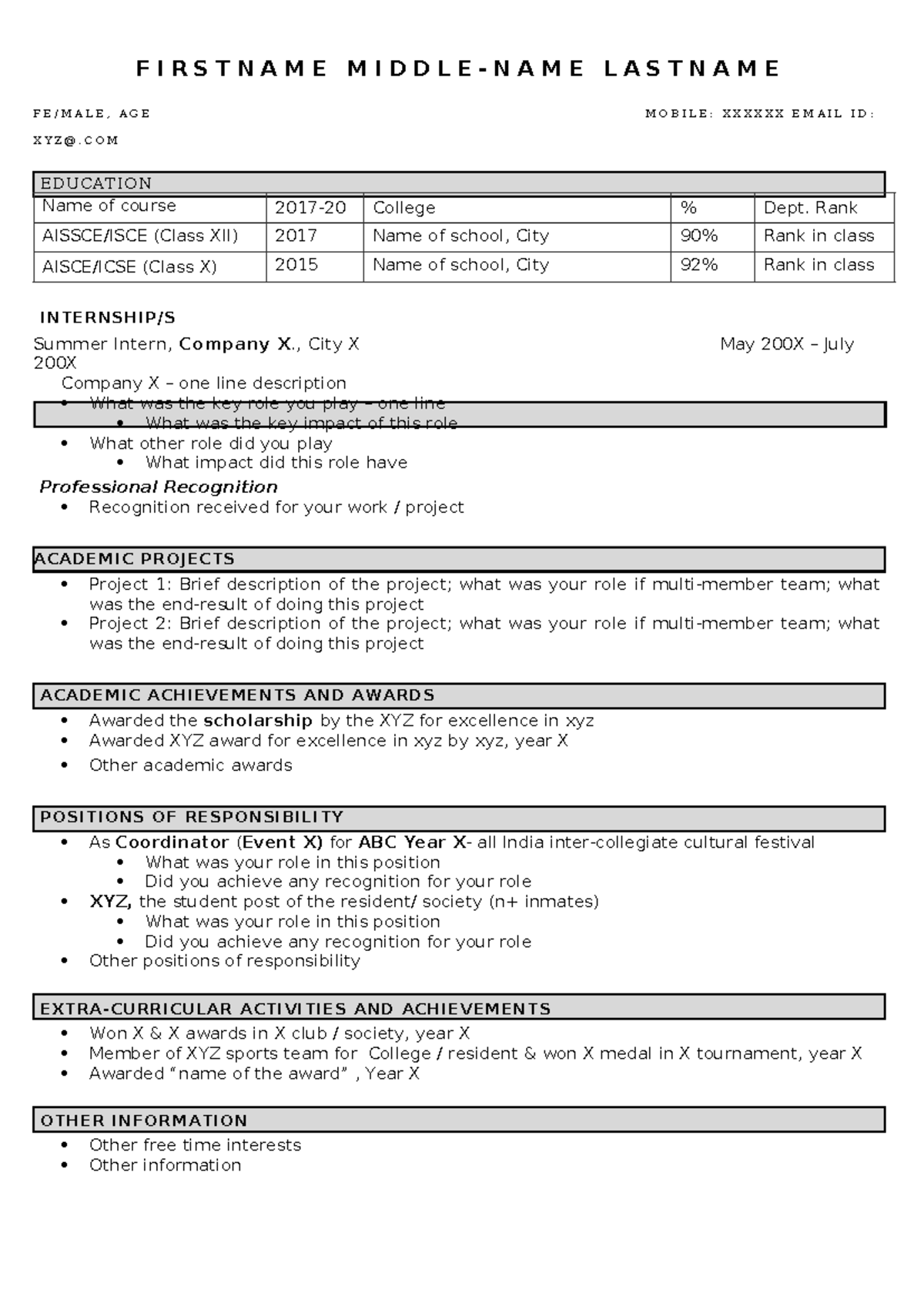 BCN Sample Resume Format: Personal & Academic Details - Studocu
