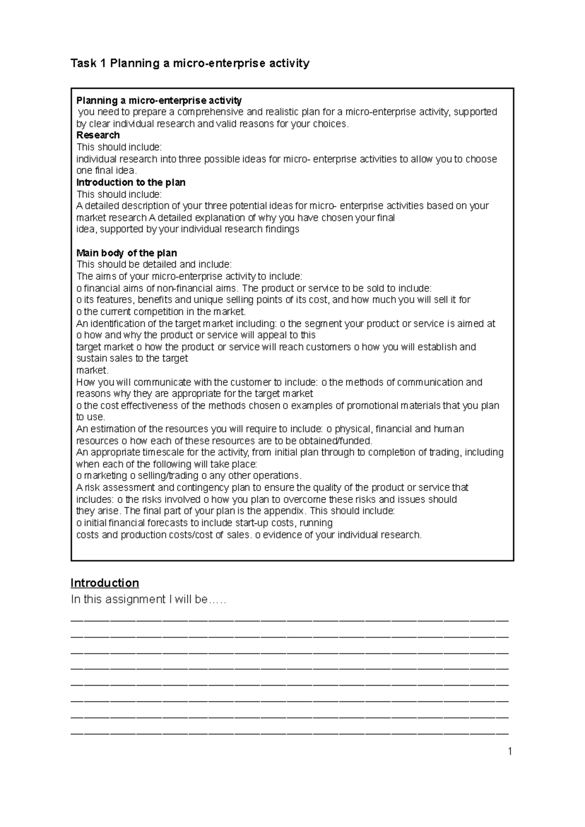 Task 1: Planning a Comprehensive Micro-Enterprise Activity - Studocu