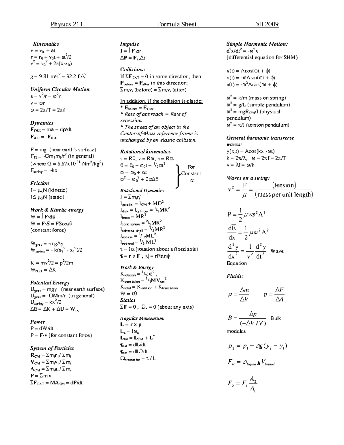 Formula-sheet.pdf fall 2009 - Physics 211 Formula Sheet Fall 2009 ...