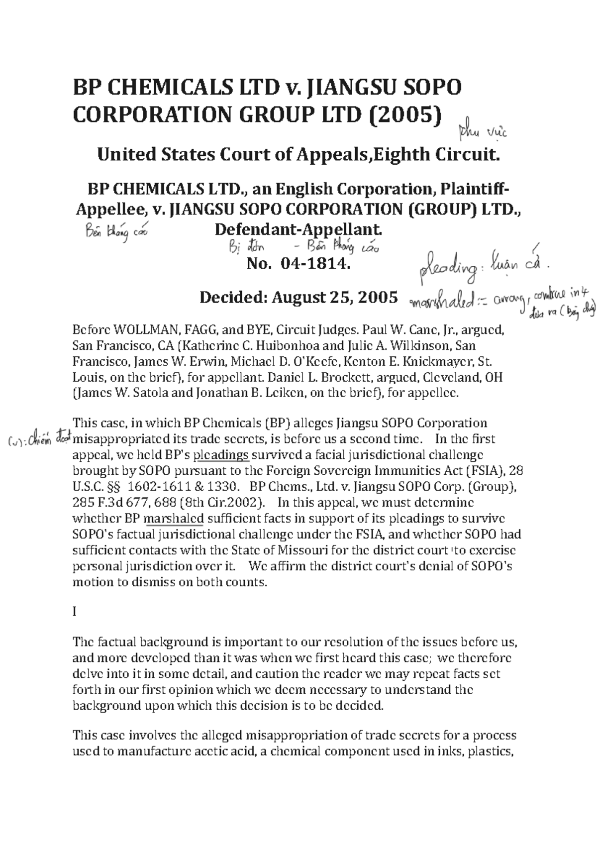 BP CHEMICALS LTD v. JIANGSU SOPO CORP. GROUP LTD (2005) - Trade Secrets ...