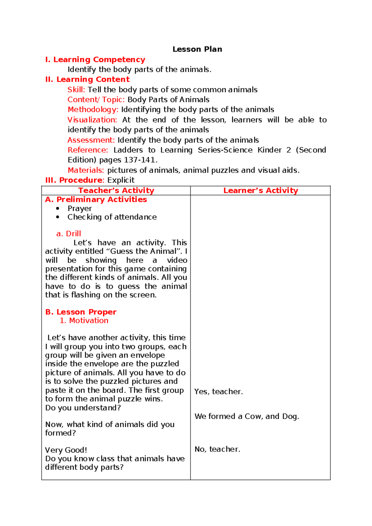 K2 Lesson Plan: Identifying Body Parts of Animals Activities - Studocu