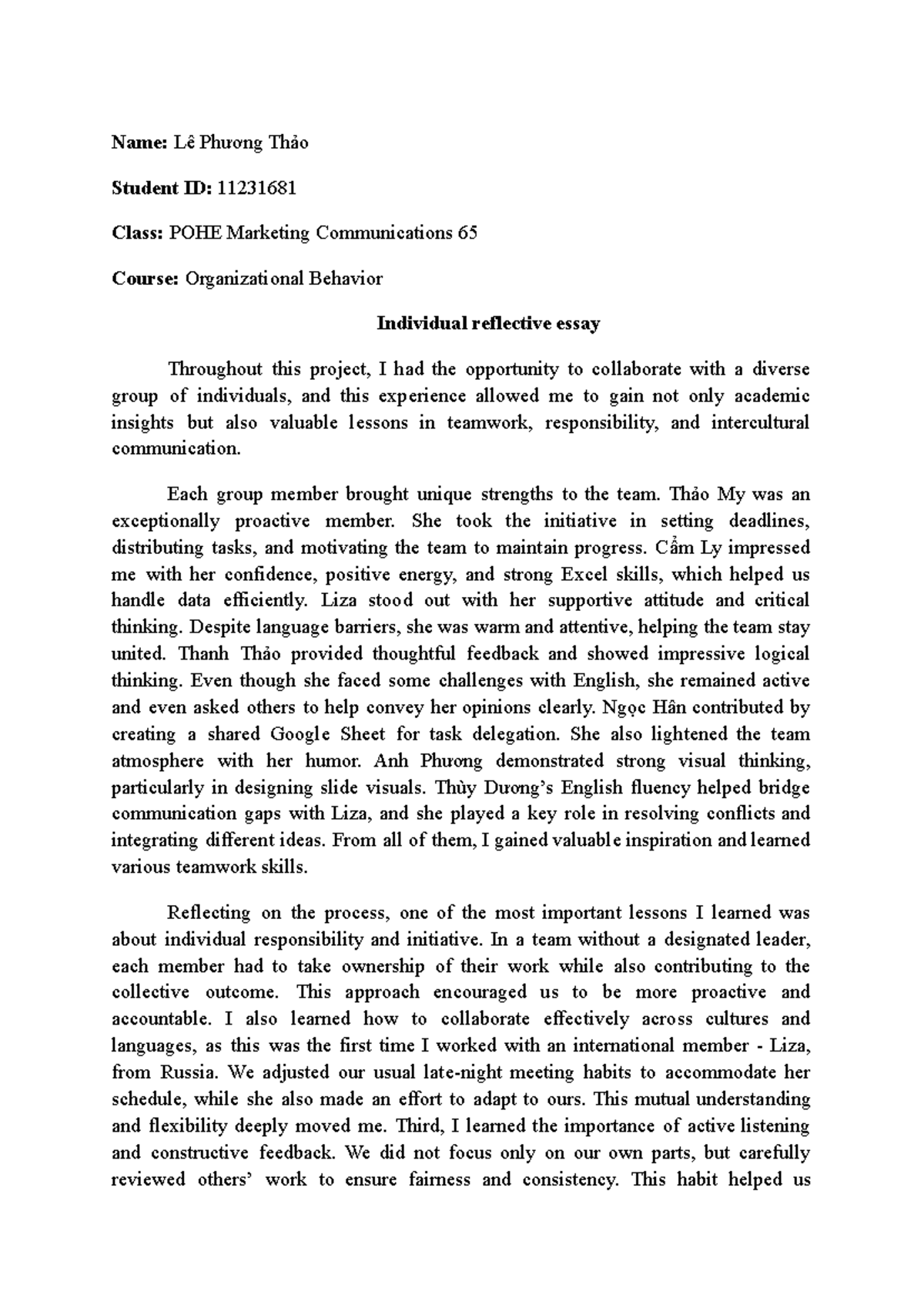 POHE 65: Individual Reflective Essay on Teamwork & Collaboration - Studocu