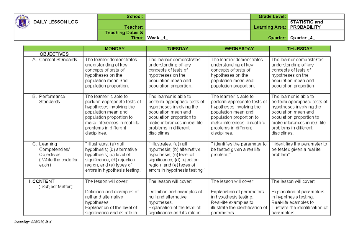 Daily Lesson Log: Hypothesis Testing in Statistics (STAT 101 Q4) - Studocu