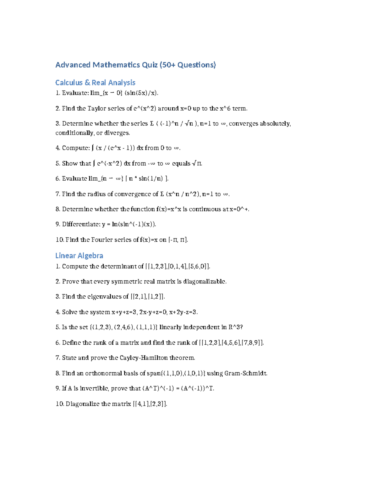 Advanced Mathematics Quiz (Calculus & Linear Algebra) - Studocu