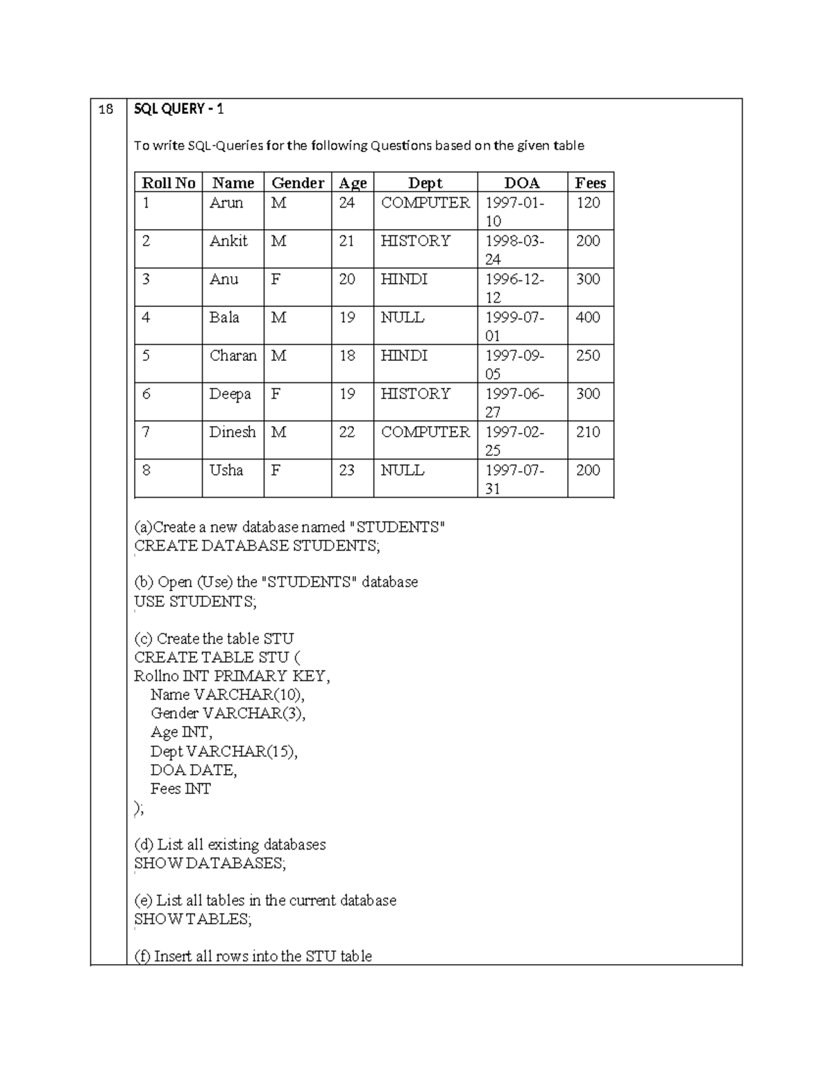 SQL Queries Practice for Database Management (Course Code: 18) - Studocu
