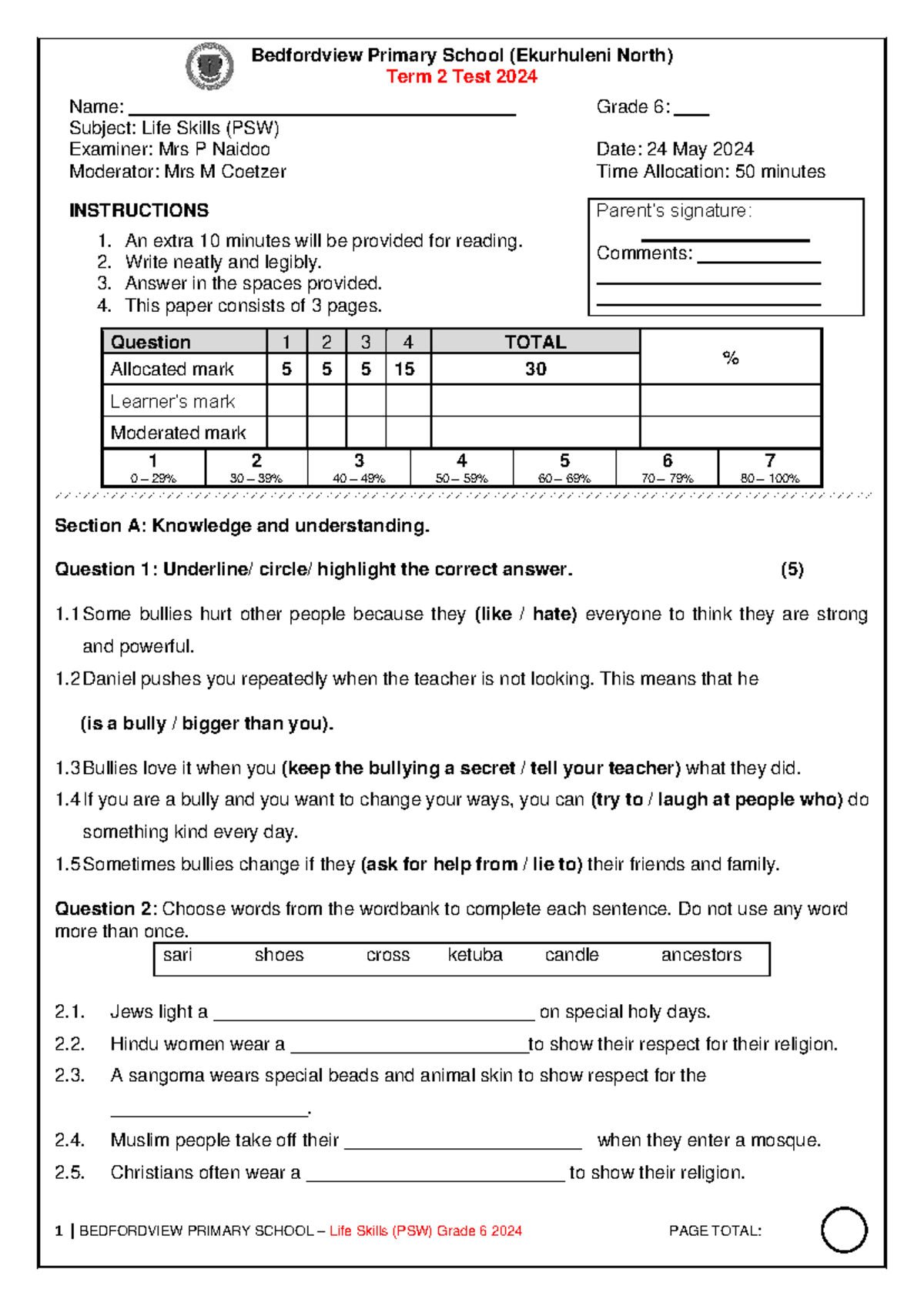 Grade 6 Life Skills (PSW) Term 2 Test 2024 - Bedfordview Primary School ...